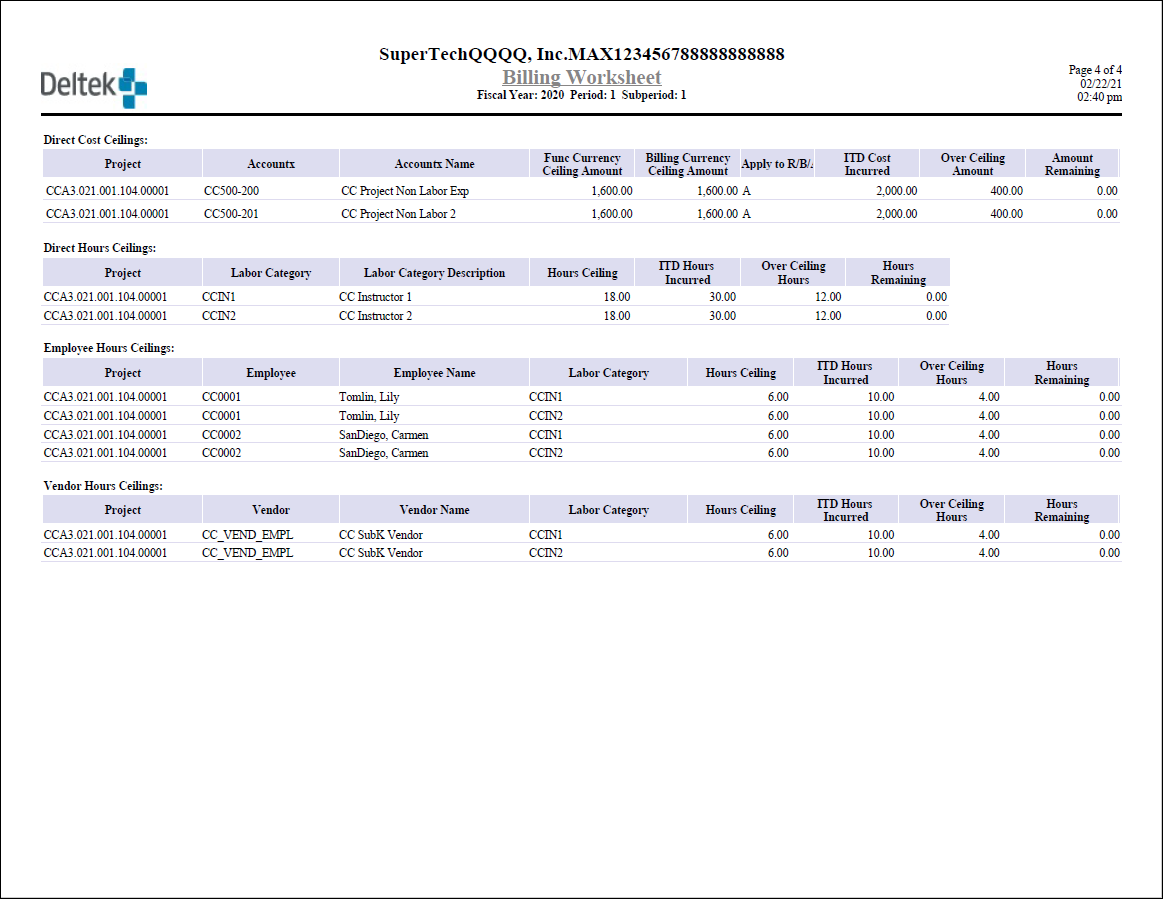 T&M Billing Worksheet with Supporting Schedule