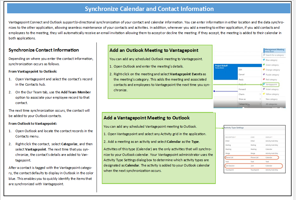 Sync Calendar and Contact Information Quick Reference